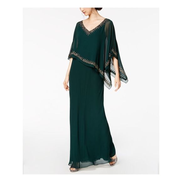 J Kara | Dresses | Jkara Womens Green Asymmetrical Chiffon Cape Elbow ...